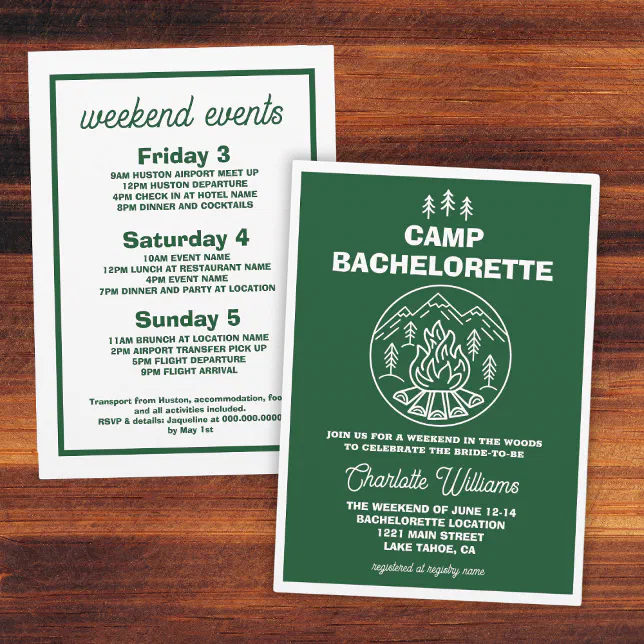 Green White Weekend Camp Bachelorette Invitation | Zazzle