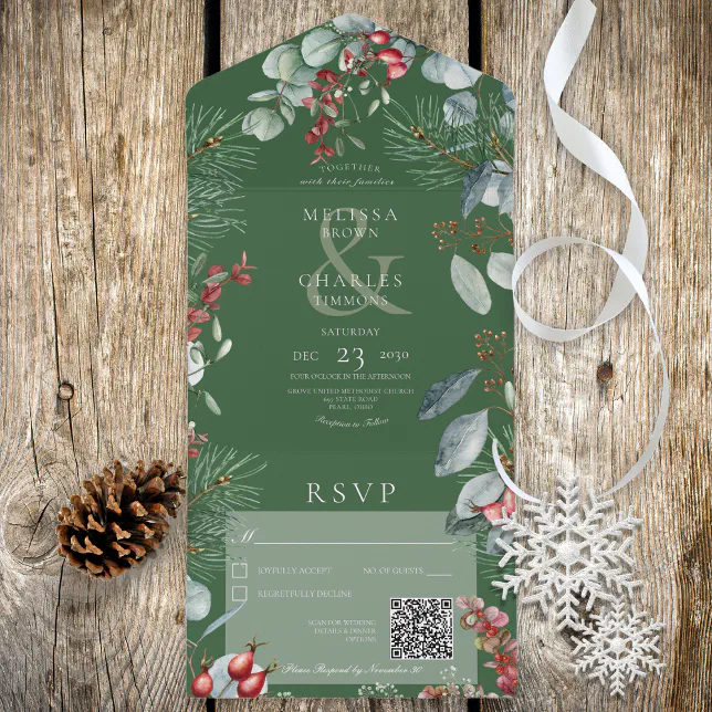Green Winter Pine Berries Eucalyptus QR Code All In One Invitation | Zazzle