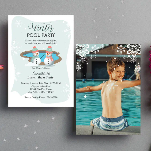 Green Winter Pool Birthday Party Photo Invitation | Zazzle