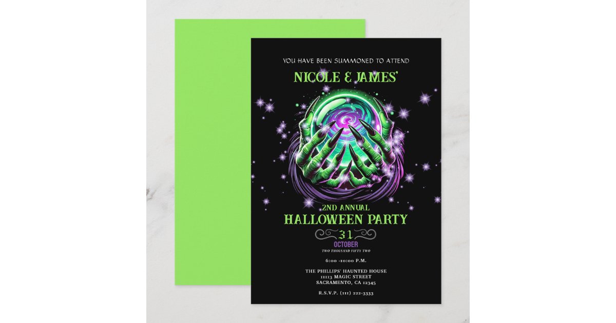 Green Witch Gazing Magic Ball Halloween Party Invitation | Zazzle