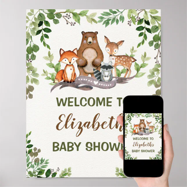 Green Woodland Forest Baby Animals Welcome Poster | Zazzle