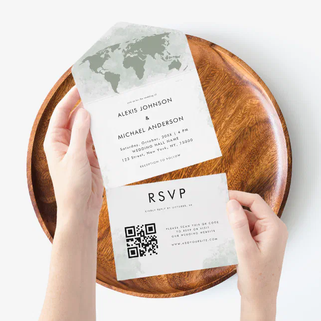 Green World Map Travel Destination Modern Qr Code All In One Invitation ...