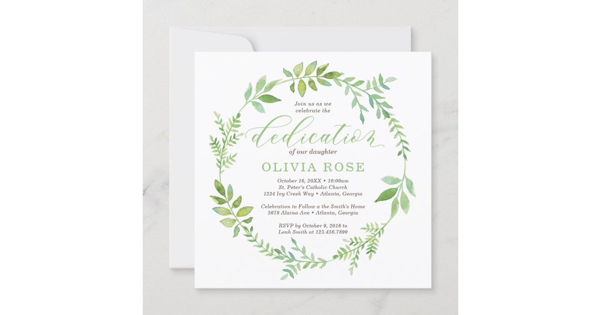 Green Wreath Dedication Invitation, BOHO Invitation | Zazzle