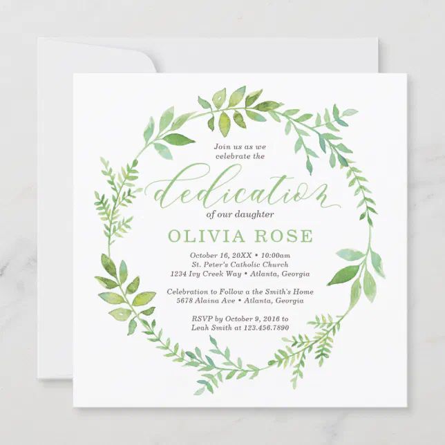 Green Wreath Dedication Invitation, BOHO Invitation | Zazzle