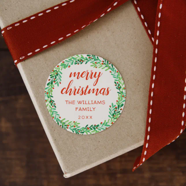 Green Wreath Merry Christmas Classic Round Sticker | Zazzle