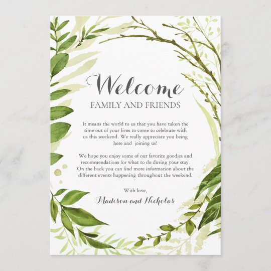Green Wreath Wedding Hotel Welcome Cards, Rustic Program | Zazzle.com