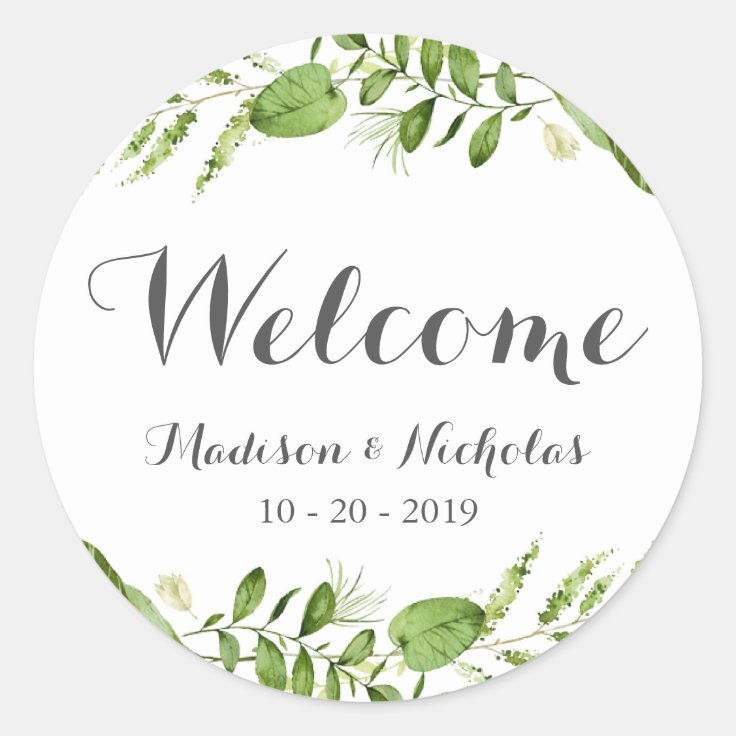 Green Wreath Wedding Welcome Stickers, Rustic Leaf Classic Round ...