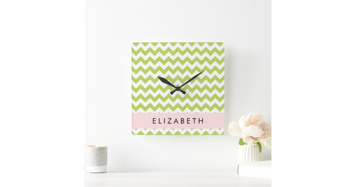 Green Zigzag, Green Chevron, Your Name Square Wall Clock | Zazzle