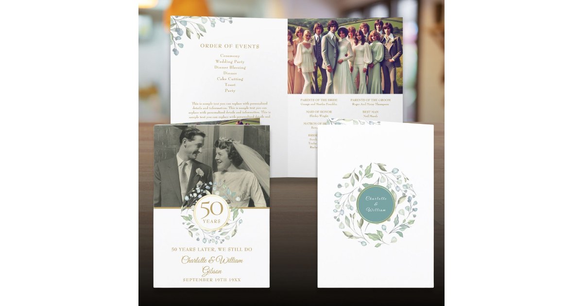Greenery 2 Photo 50th Wedding Anniversary Party Program | Zazzle
