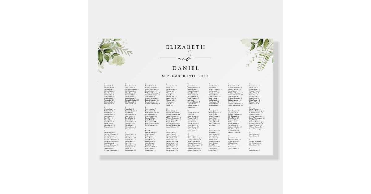 Greenery 300 Names Wedding Seating Chart Sign | Zazzle