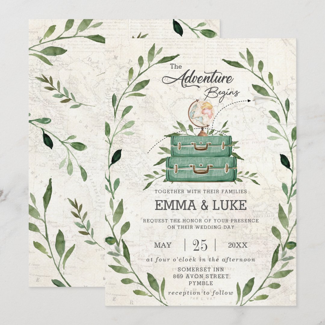 Greenery Adventure Wedding Suitcase Travel Journey Invitation | Zazzle