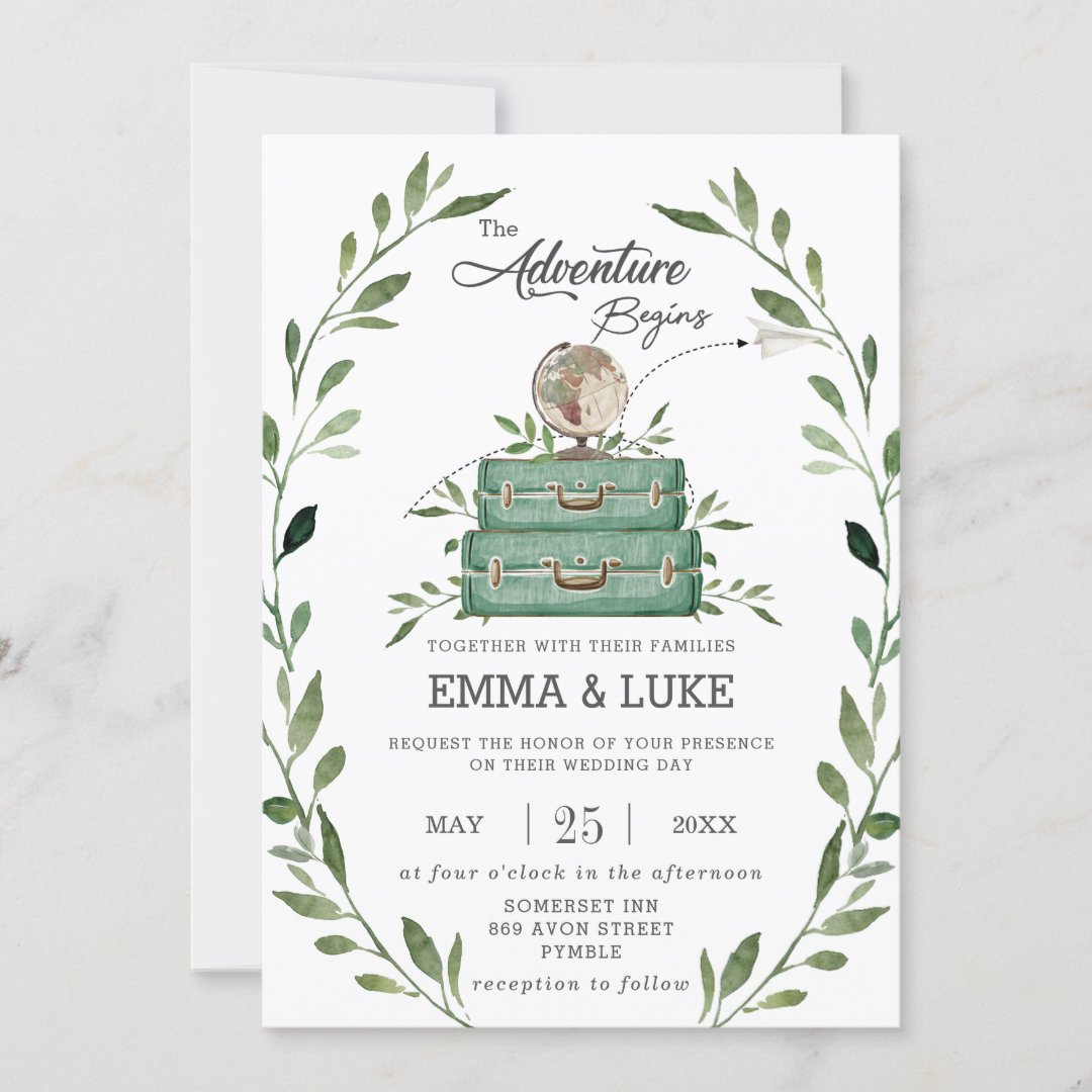 Greenery Adventure Wedding Suitcase Travel Voyage Invitation | Zazzle