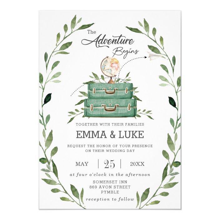 Greenery Adventure Wedding Suitcase Travel Voyage Invitation | Zazzle.com