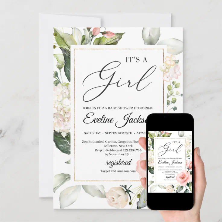 Greenery and blush floral frame gold it's a girl invitation | Zazzle