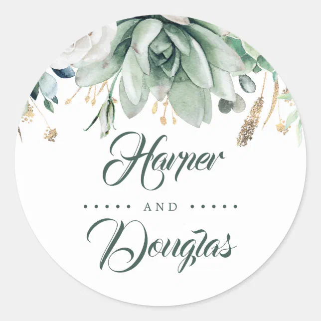 Greenery and Gold | Botanical Elegant Wedding Classic Round Sticker ...
