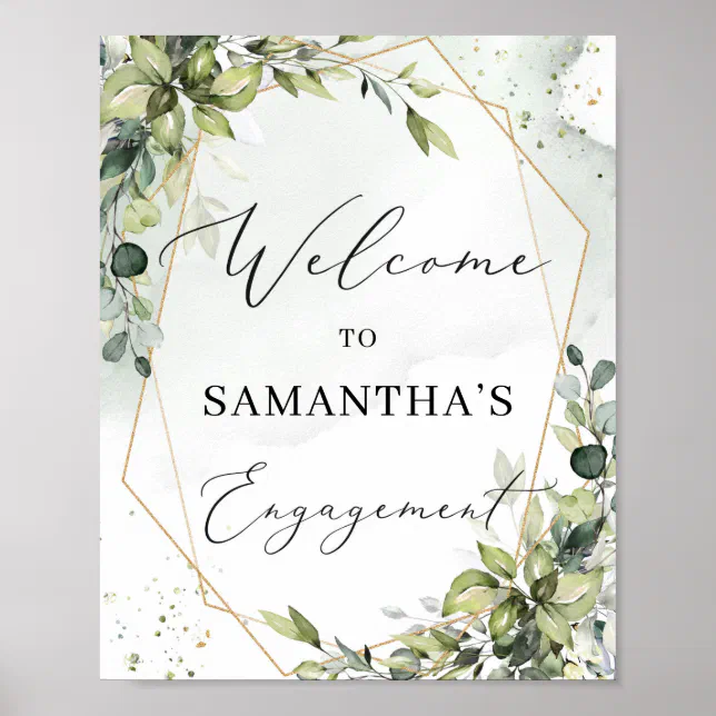 Greenery and Gold Frame Engagement welcome sign | Zazzle