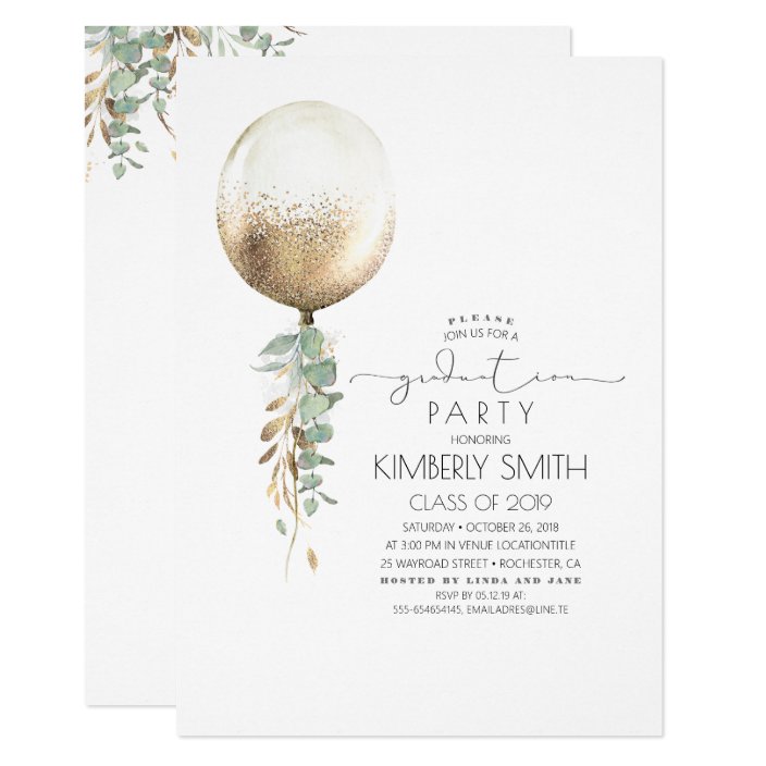 Greenery and Gold Glitter Balloon Graduation Invitation | Zazzle.com