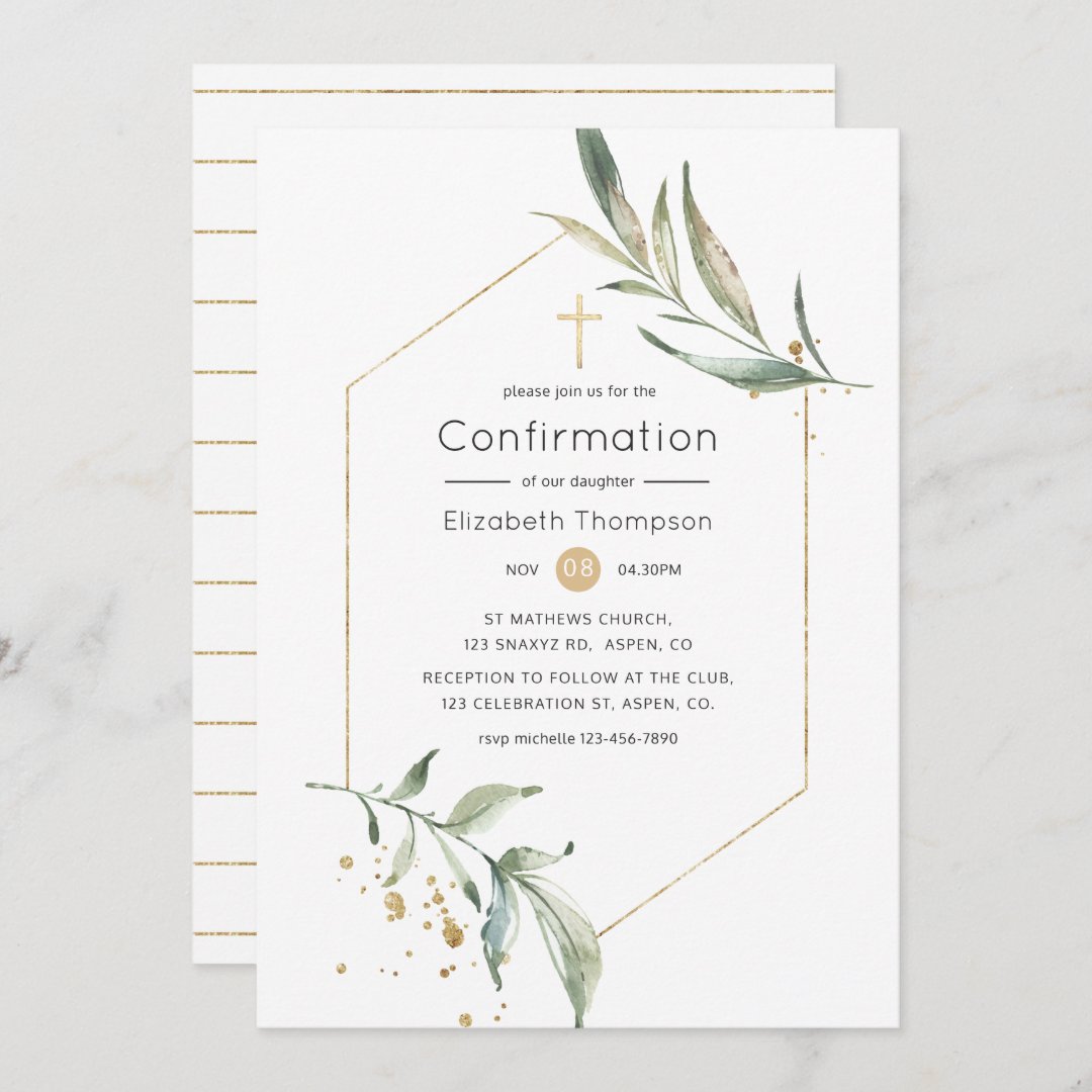 Greenery and Gold Glitter Geometric Confirmation Invitation | Zazzle