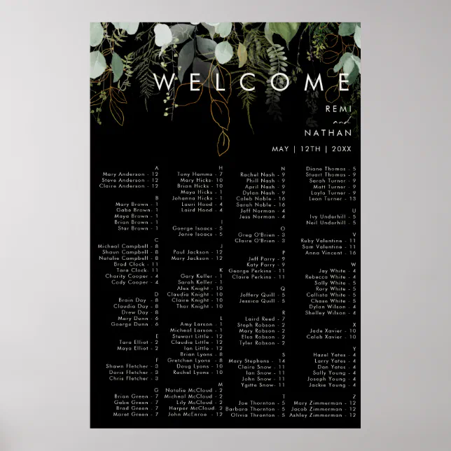 Greenery and Gold Leaf | Black Alphabetical Poster | Zazzle