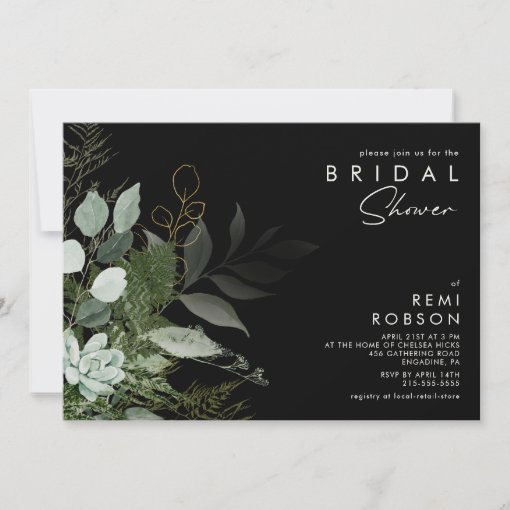 Greenery and Gold Leaf Black | Bridal Shower Invitation | Zazzle
