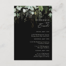 Greenery and Gold Leaf | Black Schedule of Events Enclosure Card | Zazzle