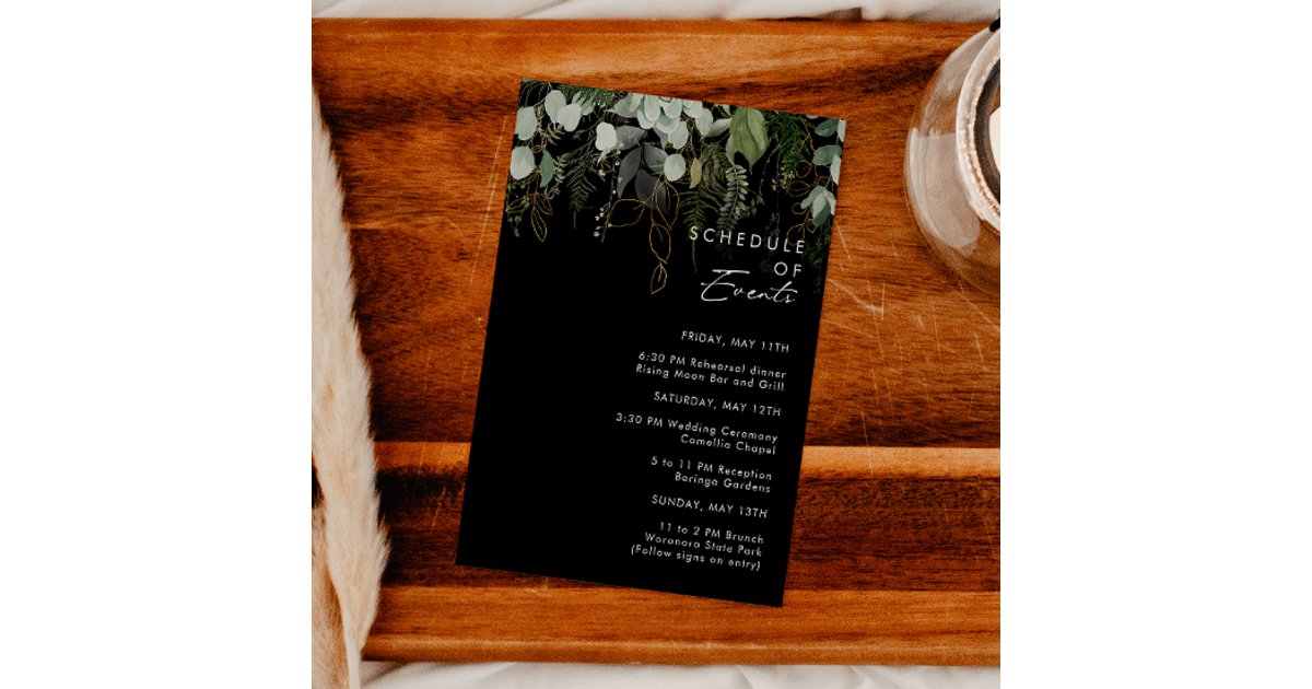 Greenery and Gold Leaf | Black Schedule of Events Enclosure Card | Zazzle