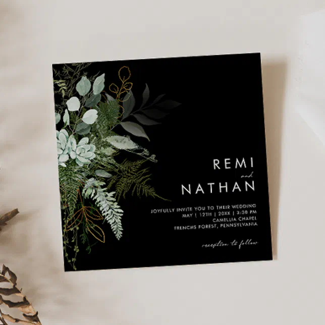 Greenery and Gold Leaf | Black Square Wedding Invitation | Zazzle