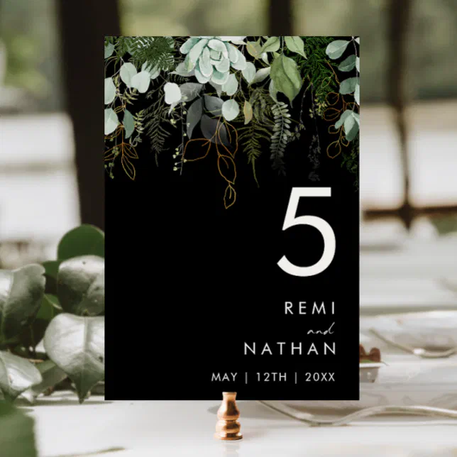 Greenery and Gold Leaf | Black Table Number | Zazzle