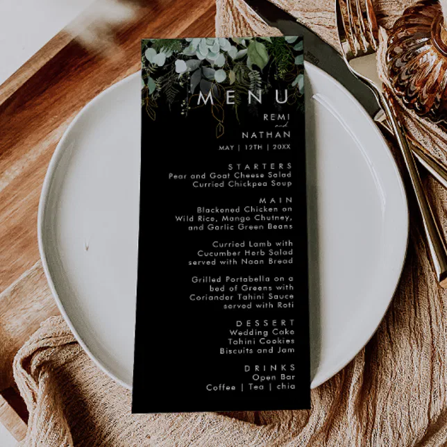 Greenery and Gold Leaf | Black Wedding Dinner Menu | Zazzle