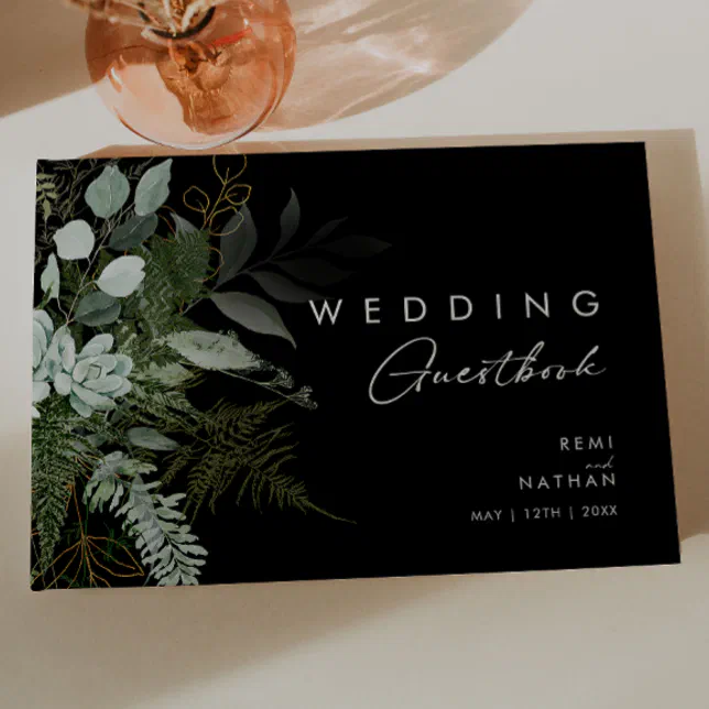 Greenery and Gold Leaf | Black Wedding Guest Book | Zazzle