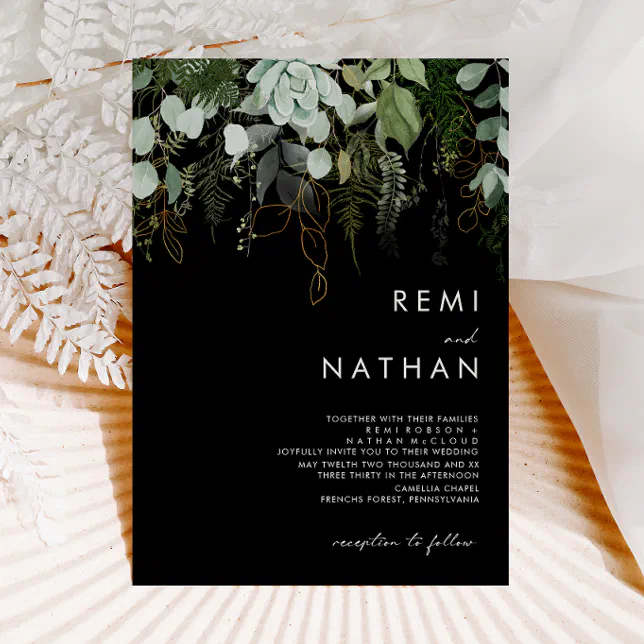 Greenery and Gold Leaf | Black Wedding Invitation | Zazzle