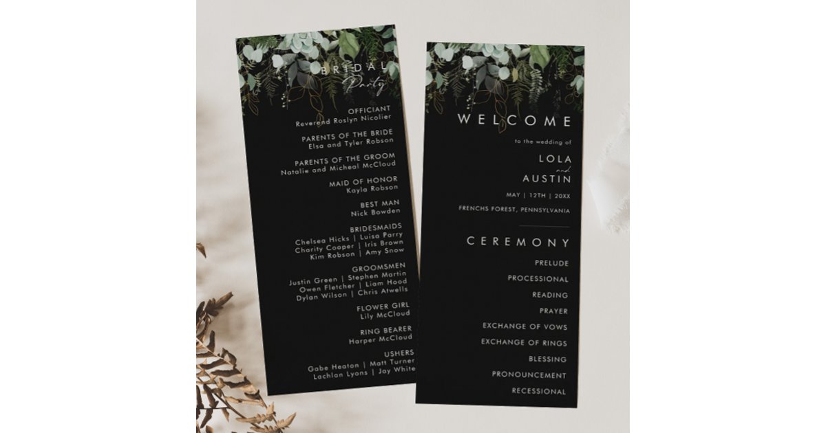 Greenery and Gold Leaf | Black Wedding Program | Zazzle