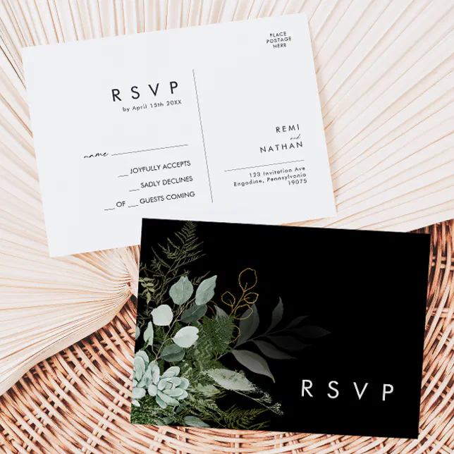 Greenery and Gold Leaf | Black Wedding RSVP Postcard | Zazzle