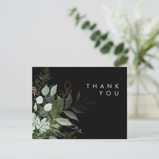 Greenery and Gold Leaf Black Wedding Thank You Postcard | Zazzle