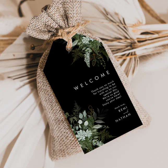 Greenery and Gold Leaf | Black Wedding Welcome Gift Tags | Zazzle