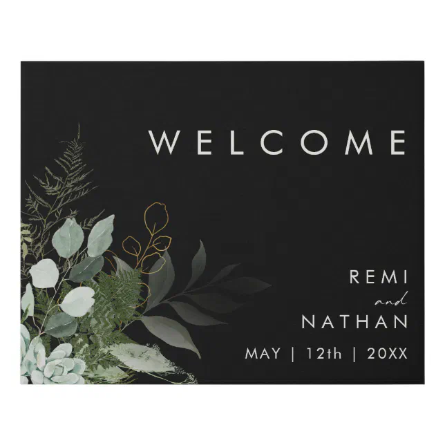 Greenery and Gold Leaf | Black Welcome Faux Canvas | Zazzle