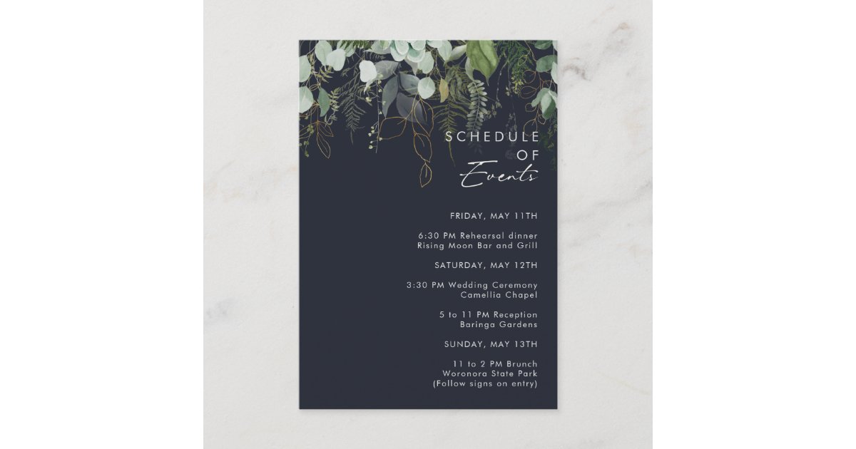 Greenery and Gold Leaf | Navy Schedule of Events Enclosure Card | Zazzle