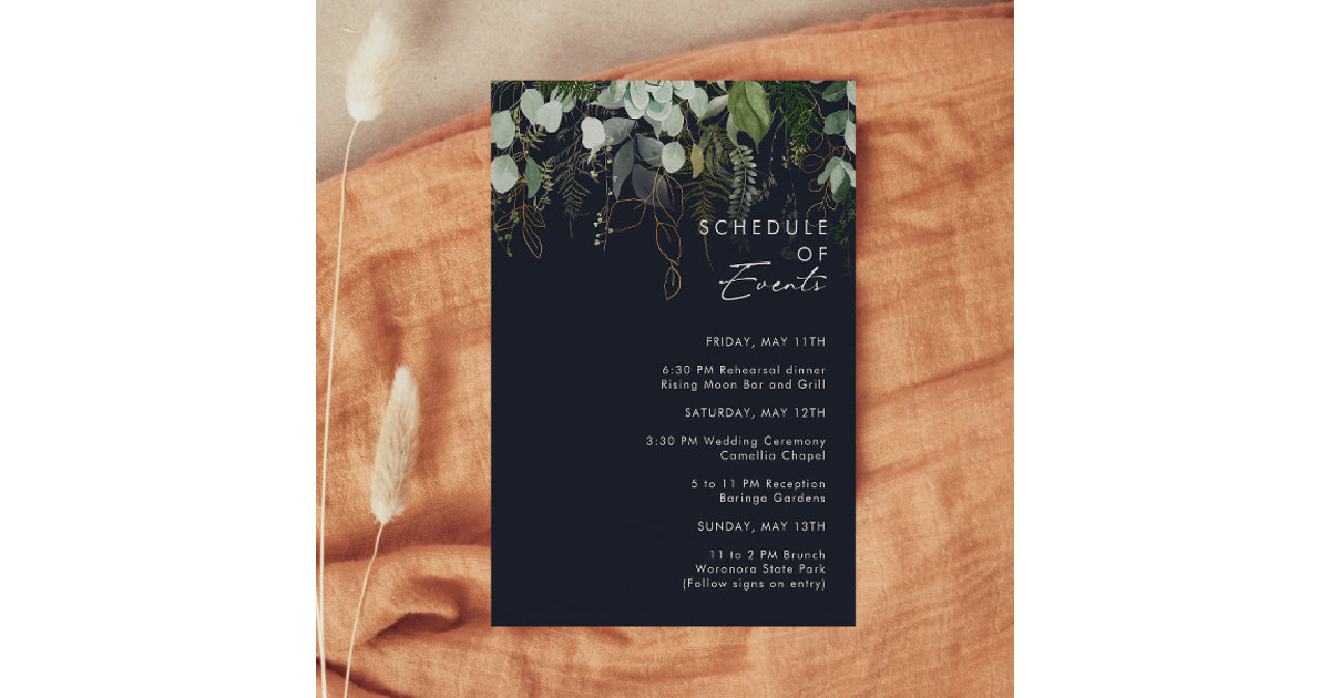 Greenery and Gold Leaf | Navy Schedule of Events Enclosure Card | Zazzle