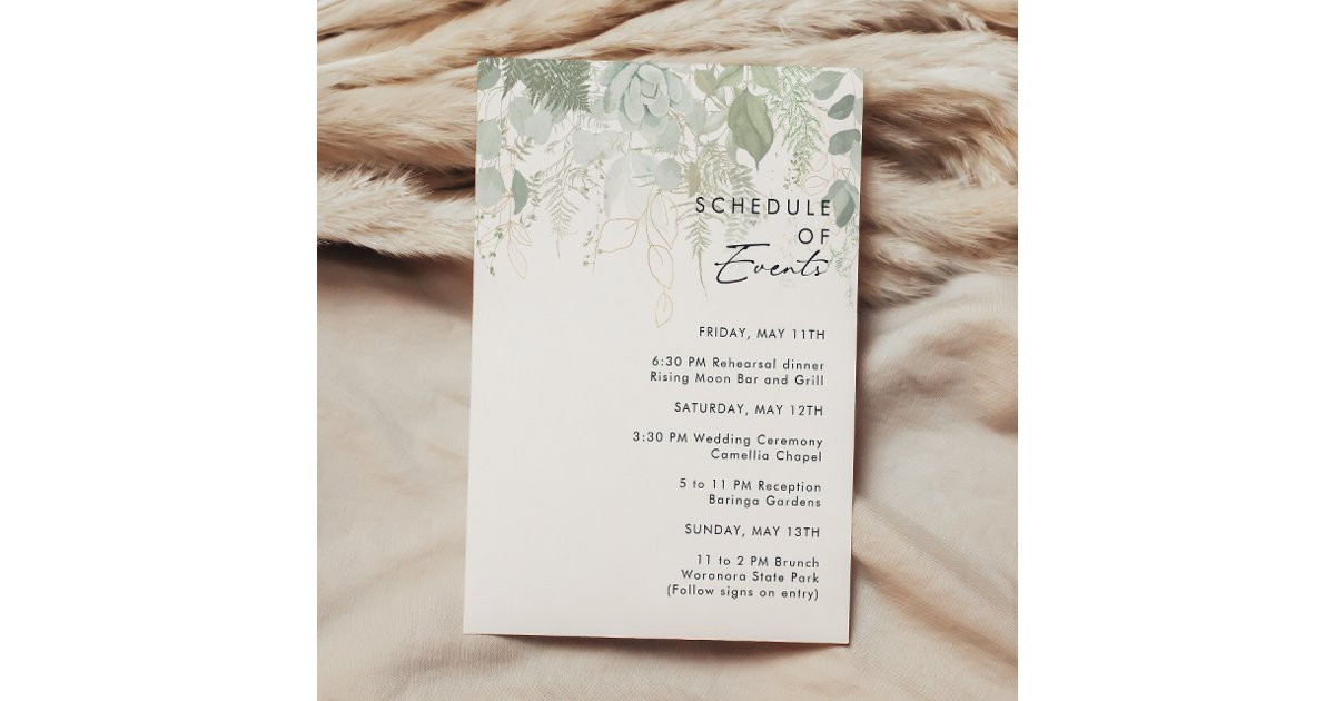 Greenery and Gold Leaf Schedule of Events Enclosure Card | Zazzle