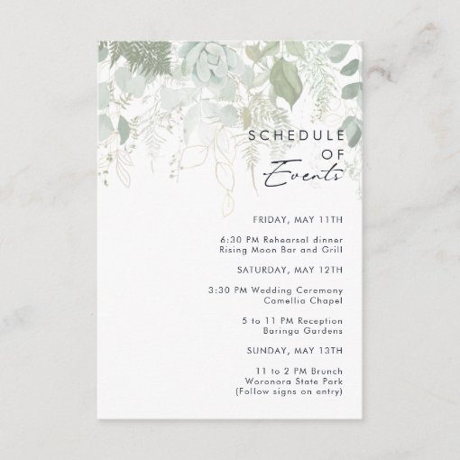 Greenery and Gold Leaf Schedule of Events Enclosure Card | Zazzle