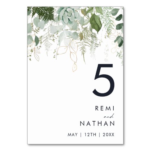 Greenery and Gold Leaf Table Number | Zazzle