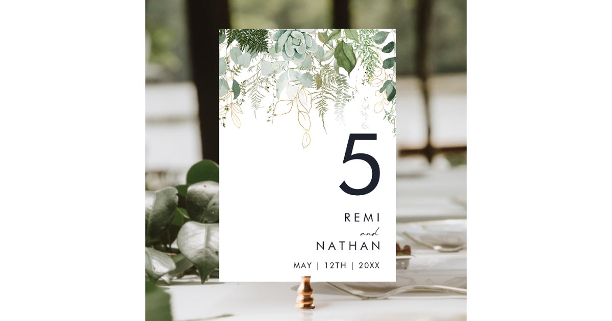 Greenery and Gold Leaf Table Number | Zazzle