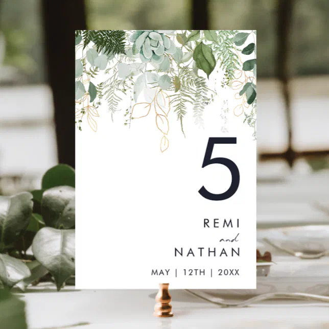 Greenery and Gold Leaf Table Number | Zazzle