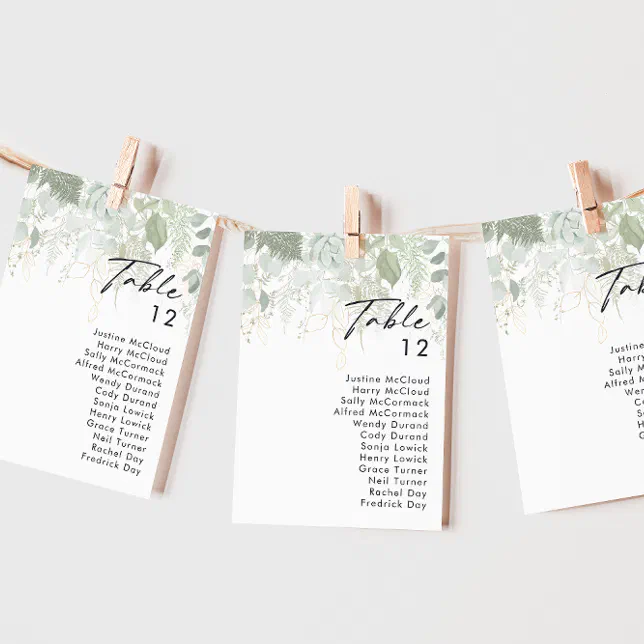 Greenery and Gold Leaf Table Number Chart | Zazzle