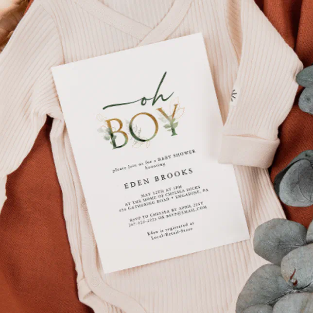 Greenery and Gold Oh Boy Baby Shower Invitation | Zazzle