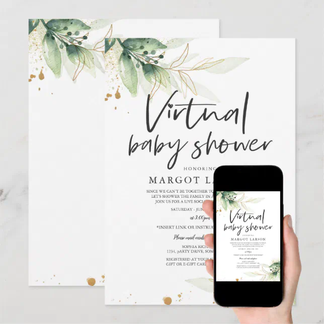 Greenery And Gold Virtual Baby Shower Invitation | Zazzle