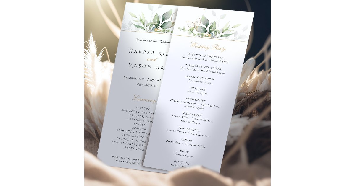 Greenery and Gold Wedding Ceremony Program | Zazzle