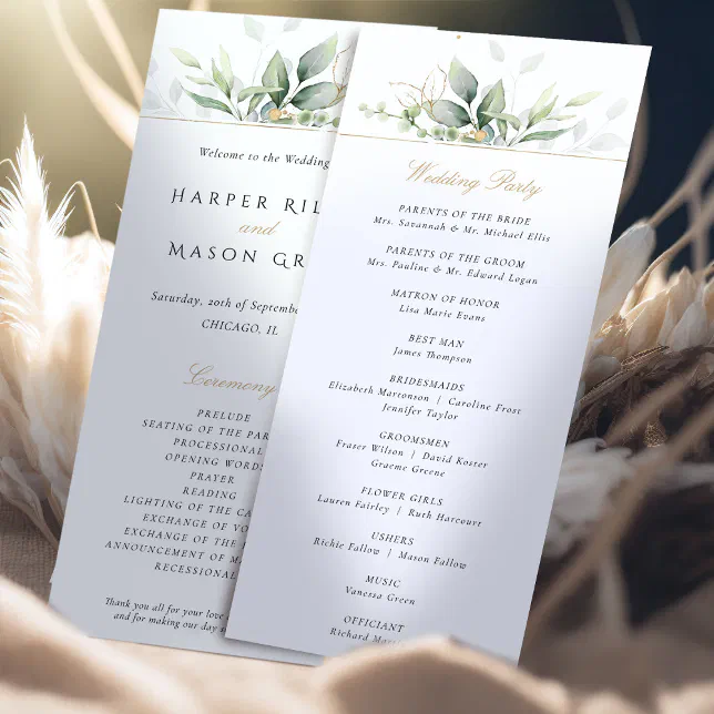 Greenery and Gold Wedding Ceremony Program | Zazzle