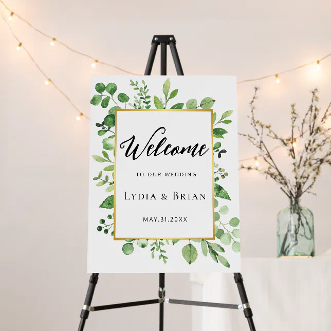 Greenery and Gold Wedding Welcome Sign | Zazzle