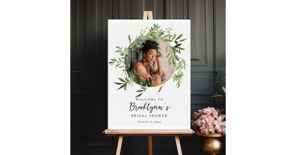 Greenery and photo bridal shower welcome poster | Zazzle